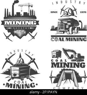 Four isolated detailed emblems set with professional coal mining ...
