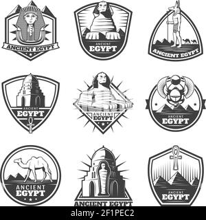 Egypt labels. Pyramid sphinx ancient travel symbols statue in desert ...