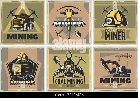 Six colorful square coal mining industry posters in retro style with ...