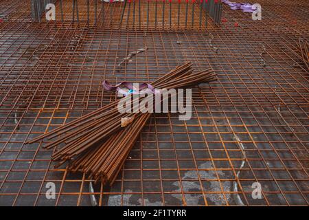 concrete reinforcement steel made by a concrete fixer, ready for a ...
