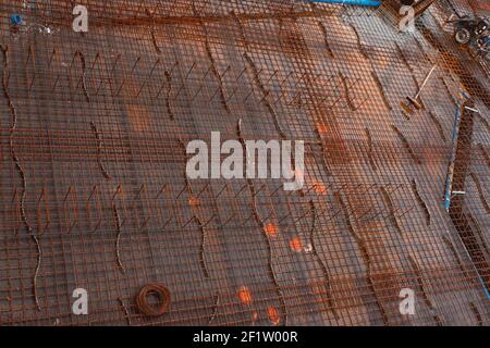 concrete reinforcement steel made by a concrete fixer, ready for a ...