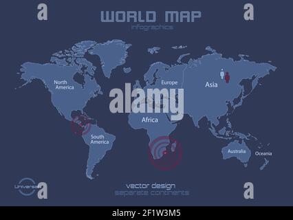 World continents map, separate individual continent with names, color ...