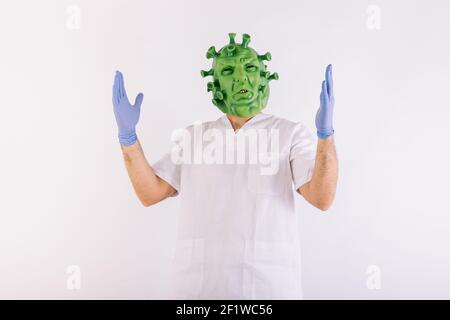 The fight of doctors with coronavirus, concept, isolated on a white ...