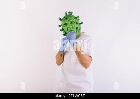 The fight of doctors with coronavirus, concept, isolated on a white ...