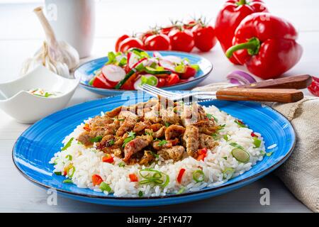 Gyros with rice and green salad and zaziki Stock Photo - Alamy