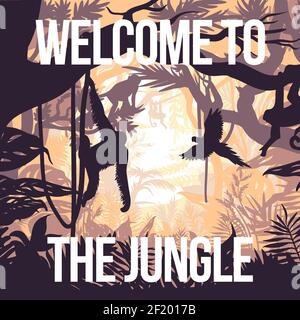Natural jungle landscape template with monkeys on trees in beautiful ...