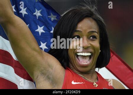 Barbara Pierre from Usa poses after her victory in the 60m final women ...