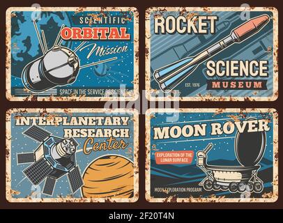 Space rockets and planets plates rusty metal, galaxy exploration ...