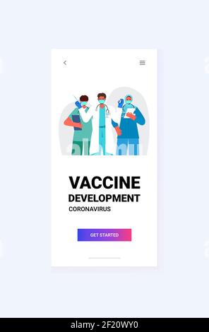 doctors in protective masks holding syringe and bottle vial coronavirus ...