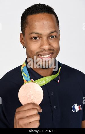 French bronze medalist in 110m hurdles Dimitri Bascou poses at club ...
