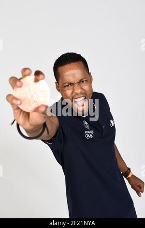 French bronze medalist in 110m hurdles Dimitri Bascou poses at club ...
