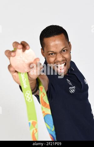 French bronze medalist in 110m hurdles Dimitri Bascou poses at club ...