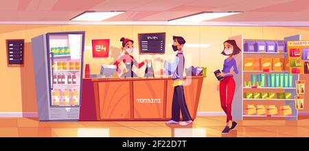 Konbini, convenience store interior with wooden checkout counter ...