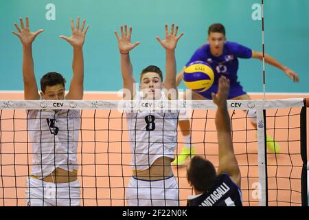 Pierre Derouillon and Maxime Roatta compete in men volleyball during ...