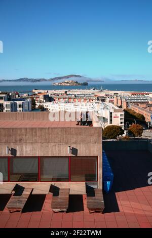 This is an aerial view of Alcatraz Island, which houses Alcatraz ...
