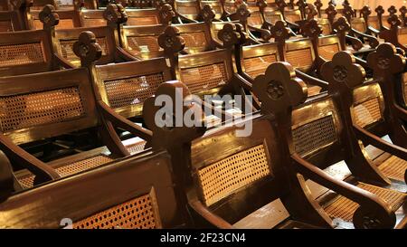 Antique Wooden Church Pews With Individual Armrest Stock Photo - Alamy