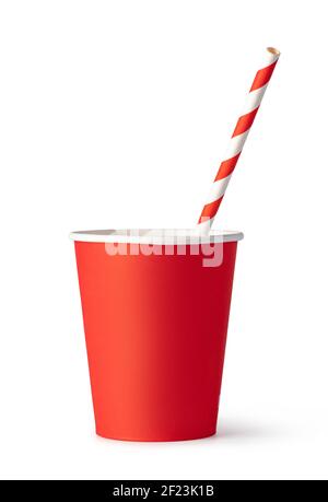 Red paper takeaway cup, soft cardboard mug with straw. Drink, soda ...