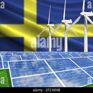 Solar energy panels with Sweden flag background. Sustainable resources ...