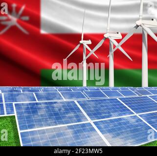 Solar energy panels with Oman flag background. Sustainable resources ...