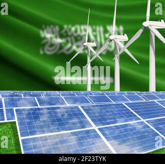 Solar energy panels with Saudi Arabia flag background. Sustainable ...