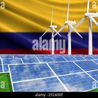 Solar energy panels with Colombia flag background. Sustainable ...