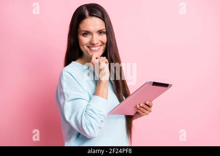 Photo of thoughtful cute woman dressed striped sweater looking pointing ...
