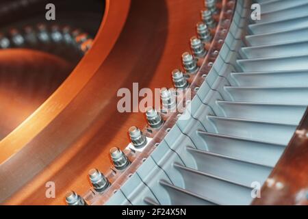 A rotor disc with blades of a turbojet gas turbine engine, inside view ...