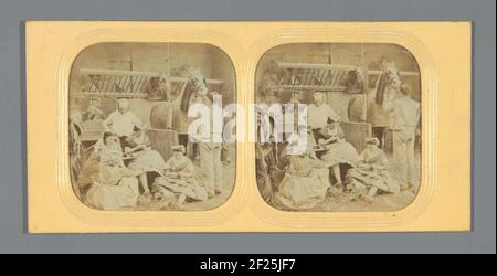 Scene in the stable: four women, man and man with horse, barn ...