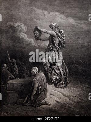 Bible Story Illustration Judith about to Behead General Holofernes in ...