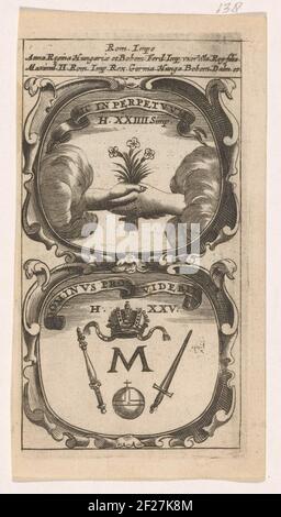 Two hands with flowers / Initial M and regalia, Sic In Perpetuum ...