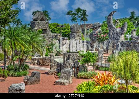 A view of the stone carvings within the mysterious Coral Castle located ...
