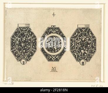 Octagonal dial between two octagonal watch cabinets, Michiel le Blon, c ...