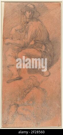 Study sheet with a seated man, two figures and a head; Study pictures ...