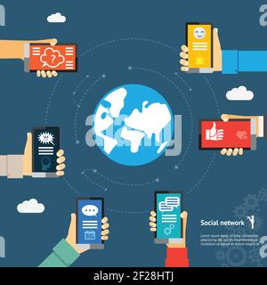 Mobile instant messenger globe network concept. Hands with smartphones ...
