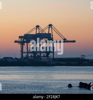 Sines container port terminal with cranes at sunset, in Portugal Stock ...