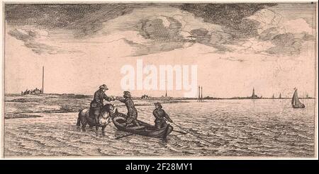 A postman on horseback wades through the water and receives mail from ...