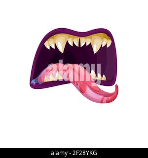 monster mouth with tongue and fangs cartoon vector illustration. Cute ...
