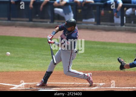 Minnesota Twins' Luis Arraez hits a home run in an intrasquad baseball ...