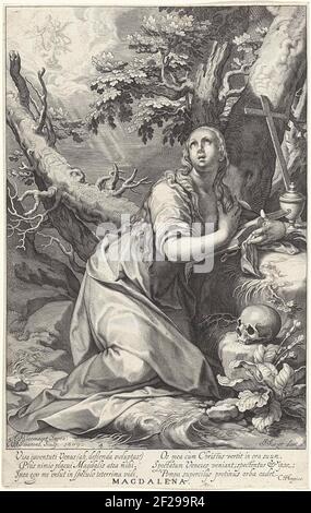 Maria Magdalena at the Cross. Maria Magdalena kneels at the cross with Christ. There is a skull ...