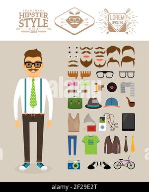 Hipster man. Hipster accessories, hairstyles and labels. Vintage ...