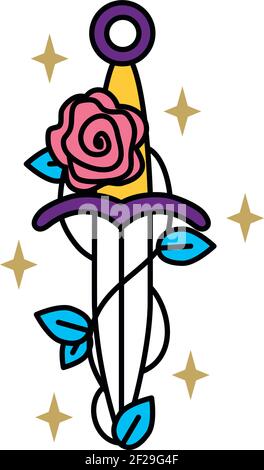 Colorful sword and rose tattoo illustration set design Stock Vector ...