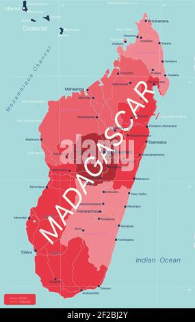Detailed vector map of Madagascar and capital city Antananarivo Stock ...