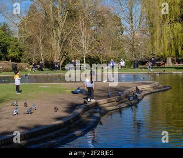 Children sitting at the park next to the pond, Dallas Texas, USA 1950s ...