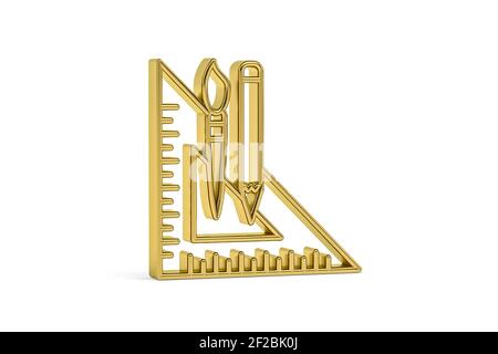 Golden 3d ruler and pencil icon isolated on white background - 3D ...