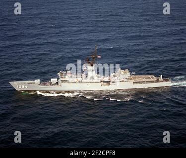 Port beam view of USS Pharris (FF-1094) off South American coast during ...