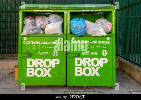 Clothing donation drop off bins for commercial recycling company Stock ...