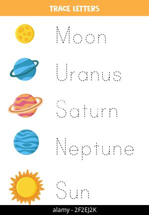 Trace the names of Solar system planets. Handwriting practice for ...
