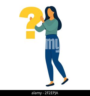 Girl with question mark in think bubble. Young troubled woman. People ...