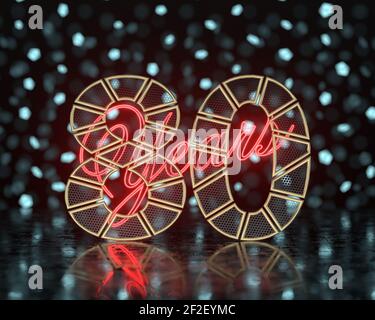 Gold number 80 (number eighty) with perforated black metal background ...