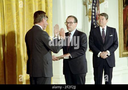 President Ronald Reagan attends the swearing-in ceremony for Alan ...